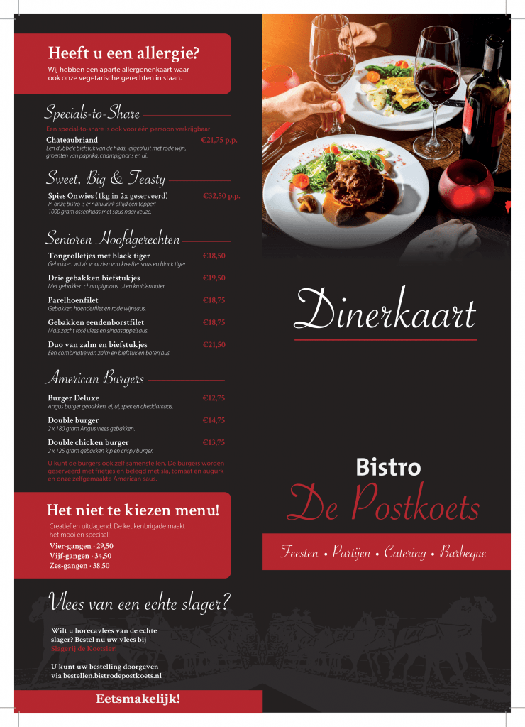 Dinerkaart - Restaurant Bistro De Postkoets