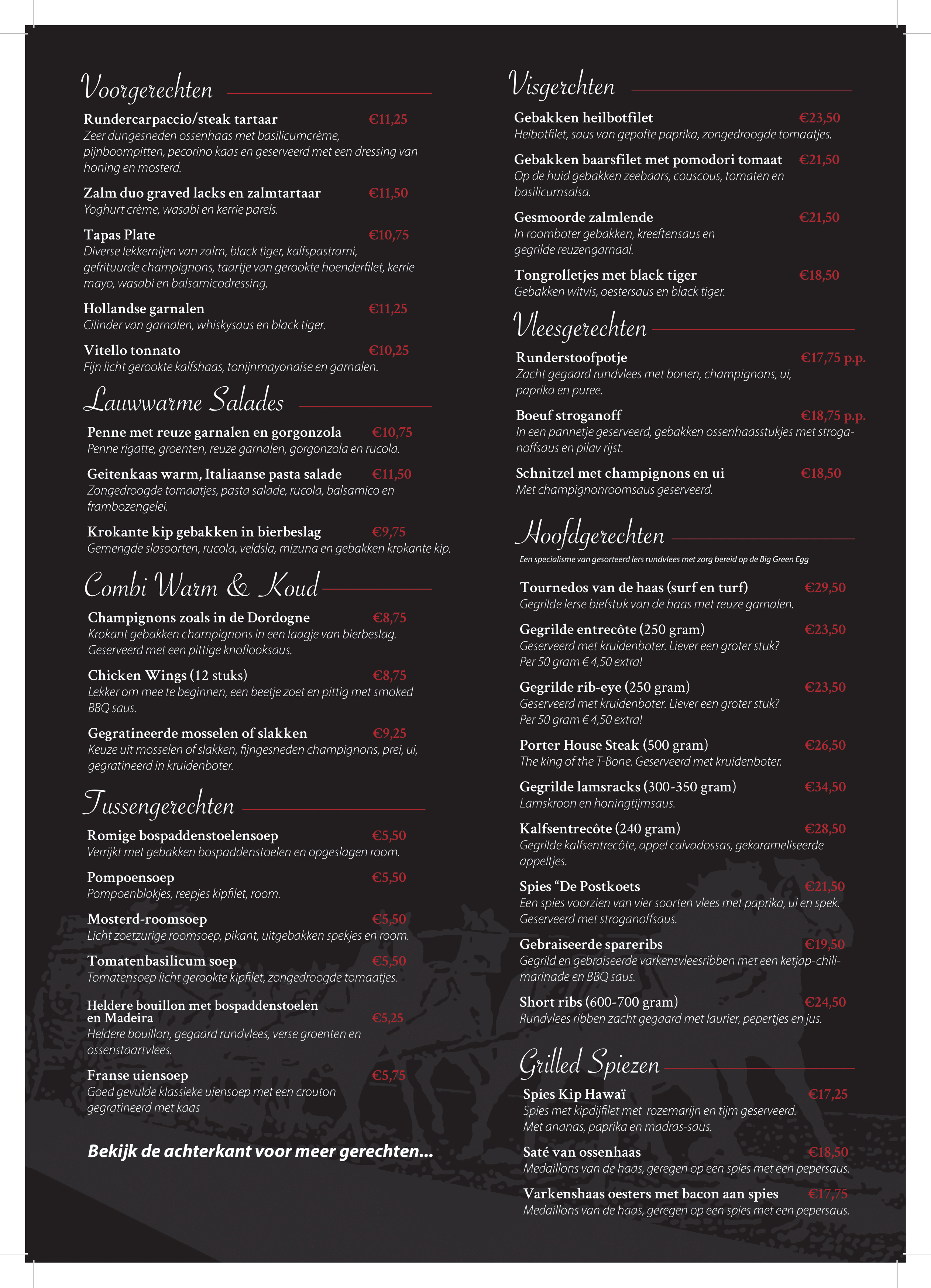 Dinerkaart - Restaurant Bistro De Postkoets