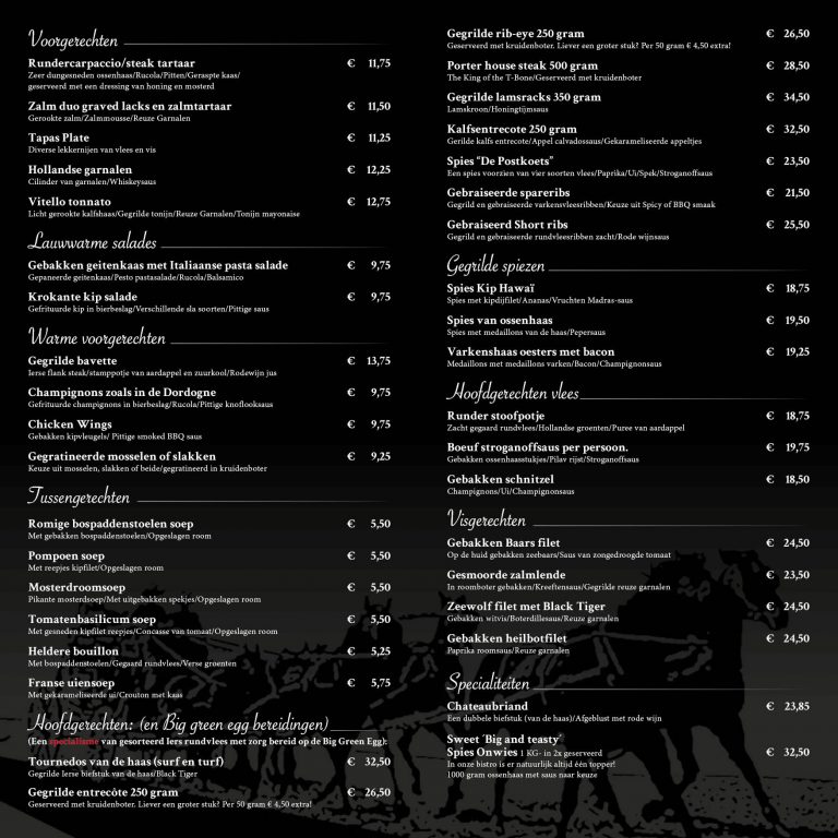 Dinerkaart - Restaurant Bistro De Postkoets